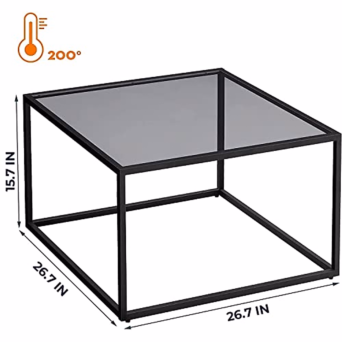 SAYGOER Glass Coffee Table, Small Modern Coffee Table Square Simple Center Tables for Living Room 26.7 x 26.7 x 15.7 Inches, Gray Black