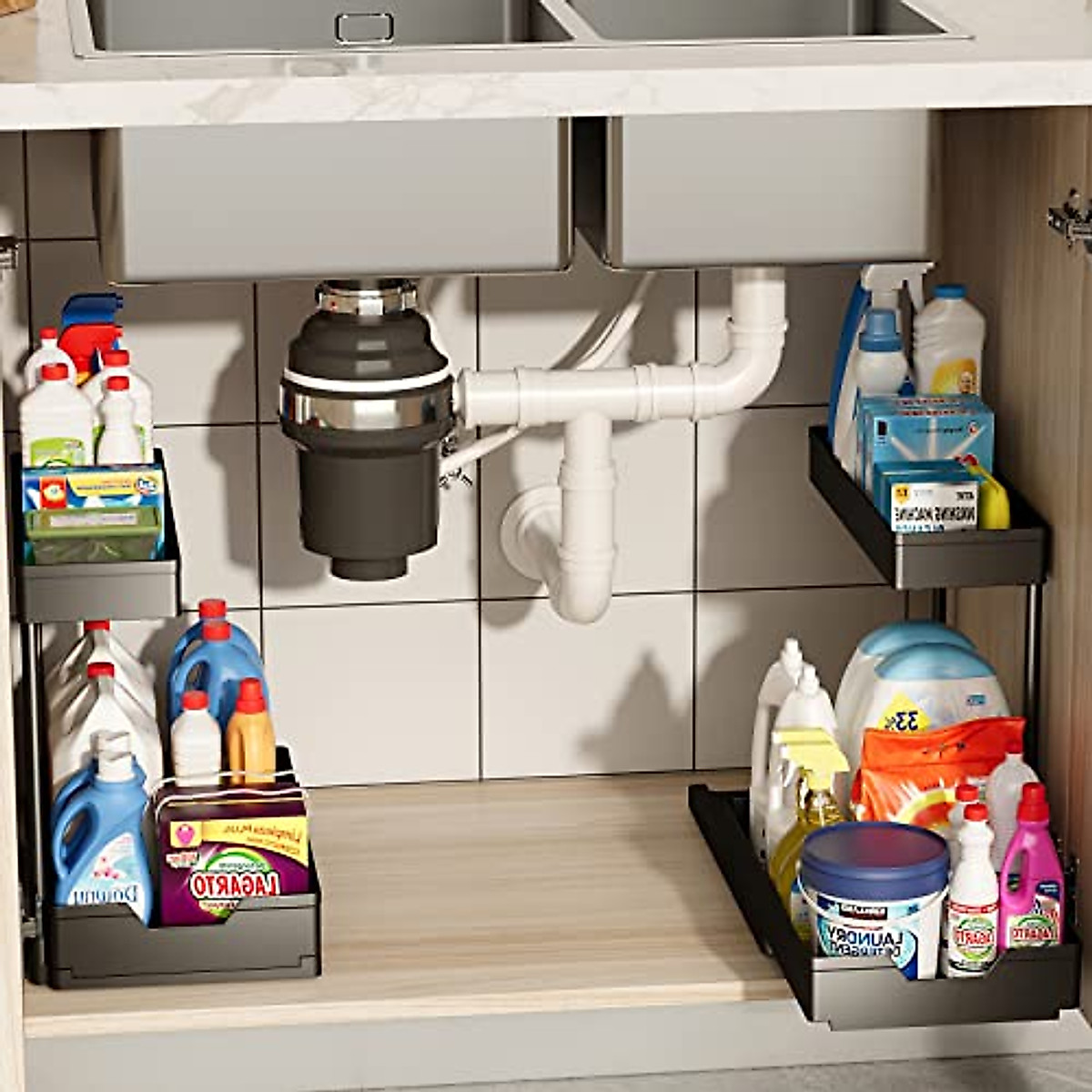 Beriflai Under Sink Organizer 2 Packs, 2 Tier Under Sink Organizers and Storage, Sliding Pull Out Cabinet Basket Organizer for Bathroom Kitchen Pantry, Black