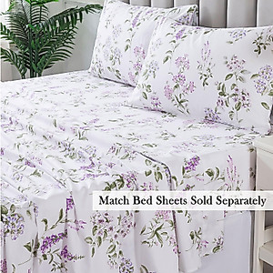 FADFAY Purple White Floral Duvet Cover Sets Queen 100% Cotton Lilac Lavender Reversible Comforter Cover French Country Bedding All Season Soft Crisp Green Leaves Bed Cover with Zipper 3 Pieces