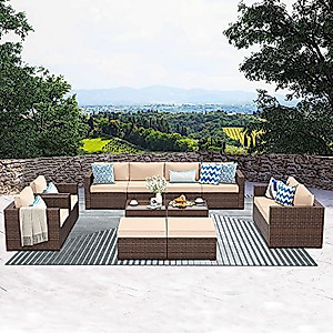 Patiorama 12 Piece Patio Furniture Set, Outdoor Sectional Sofa, All-Weather Brown PE Wicker Rattan Conversation Set, Patio Couch Furniture Set w/Coffee Table for Balcony Garden Pool(Beige Cushion)