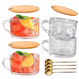 Qmioti Vintage Glass Coffee Mugs 4 Pack, 14 oz Glass Coffee Tea Cups with Lid and Golden Spoons, Clear Embossed Glass Cup Sets for Latte, Cereal, Cappuccino, Yogurt, Milk, Beverages and Cute Gifts