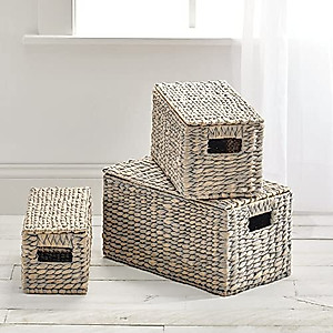 mDesign Woven Water Hyacinth Rectangle Storage Organizer Basket Bin with Topper Lid and Handles - Natural Farmhouse Holder Containers for Closet, Bedroom, Bathroom, Office - Set of 3 - Gray