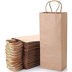 WUWEOT 50 Pack Kraft Paper Bags, 5.4"x3.3"x13" Recyclable Brown Wine Bags Paper Gift Bags Retail Bags Shipping Bags With Handles Bulk