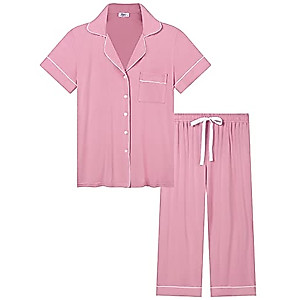 Joyaria Bamboo Pajamas for Women Cooling Capri Pj Sets Short Sleeve(Dusty Pink,Large)