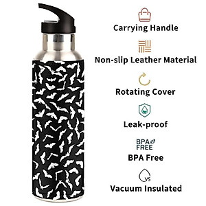 Bats Black Water Bottle 20 oz Insulated Thermos With Lid Stainless Steel Bottle Circle Sports Water Bottles Keep Hot Cold Leakproof Vacuum Water Flask