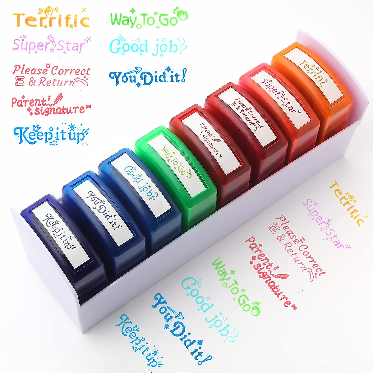 Hmseng Self-Inking Teacher Stamp Set (8PCS) for Grading Classroom Teachers Review Homework Feedback Parents Signature Colorful Business Stamps-Design2