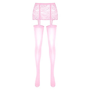 zdhoor Women's Sexy Lingerie Sheer Mesh Lace Tulle Micro Skirts with Suspender Garter Belt Stockings Pink Medium
