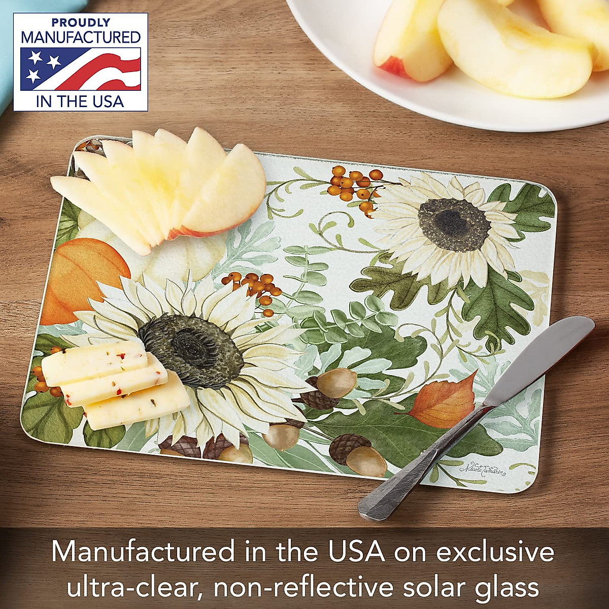 CounterArt Farmhouse Fall Decorative 3mm Heat Tolerant Tempered Glass Cutting Board 10" x 8" Manufactured in the USA Dishwasher Safe