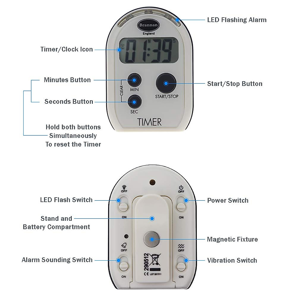 Visual Timer Multi Function with Vibrating Audible and Flashing Alarm - Seniors Countdown Timer Ideal for The Visually and Hearing Impaired