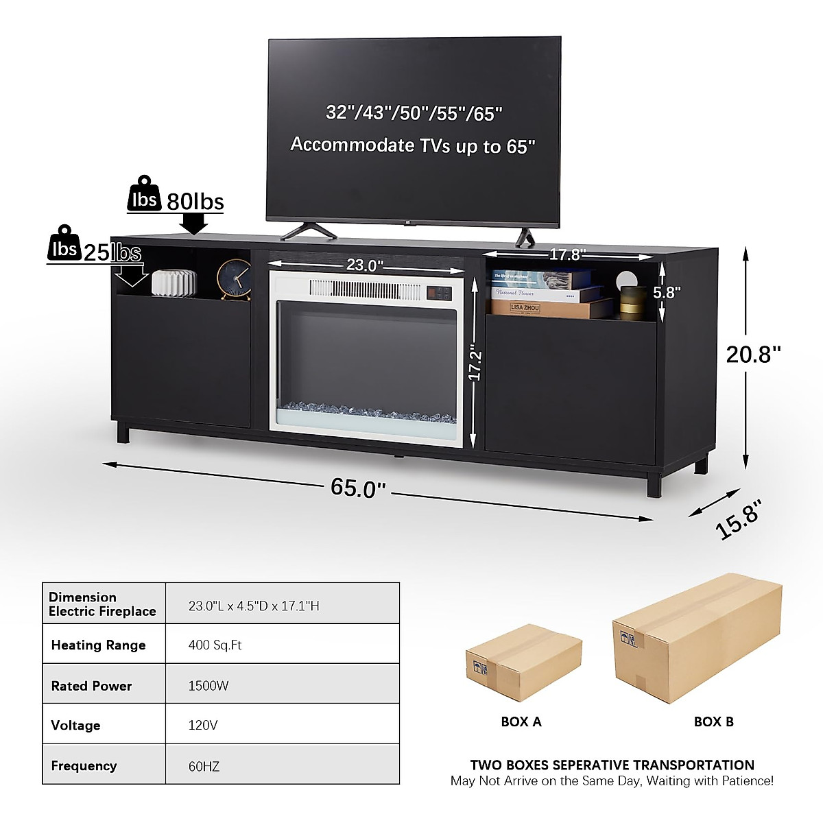 Avocahom Fireplace TV Stand for TVs up to 65”, LED Light Entertainment Center w/Black 23” Electric Fireplace, 2 Open Shelves & Storage Cabinet, Modern Wood Texture Console Table for Living Room, Black