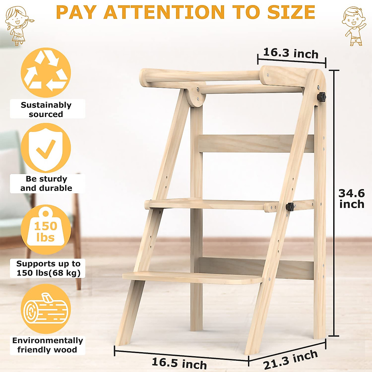 Toddler Step Stool, Folding Wooden Step Stool, Montessori Toddler Tower, Kids Step Stool Toddler Tower, Kitchen Step Stool Helper for Toddlers, Kitchen Step Stool Helper Standing Tower