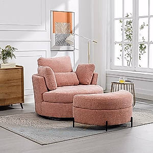 Oversized Swivel Accent Barrel Chair with Storage Bench Large Ottoman+4 Pillows,Comfy Upholstered 360 Recliner Sofa Club Chaise Leisure Round Loveseat Lounge Armchair for Living Room/Hotel/Nursery