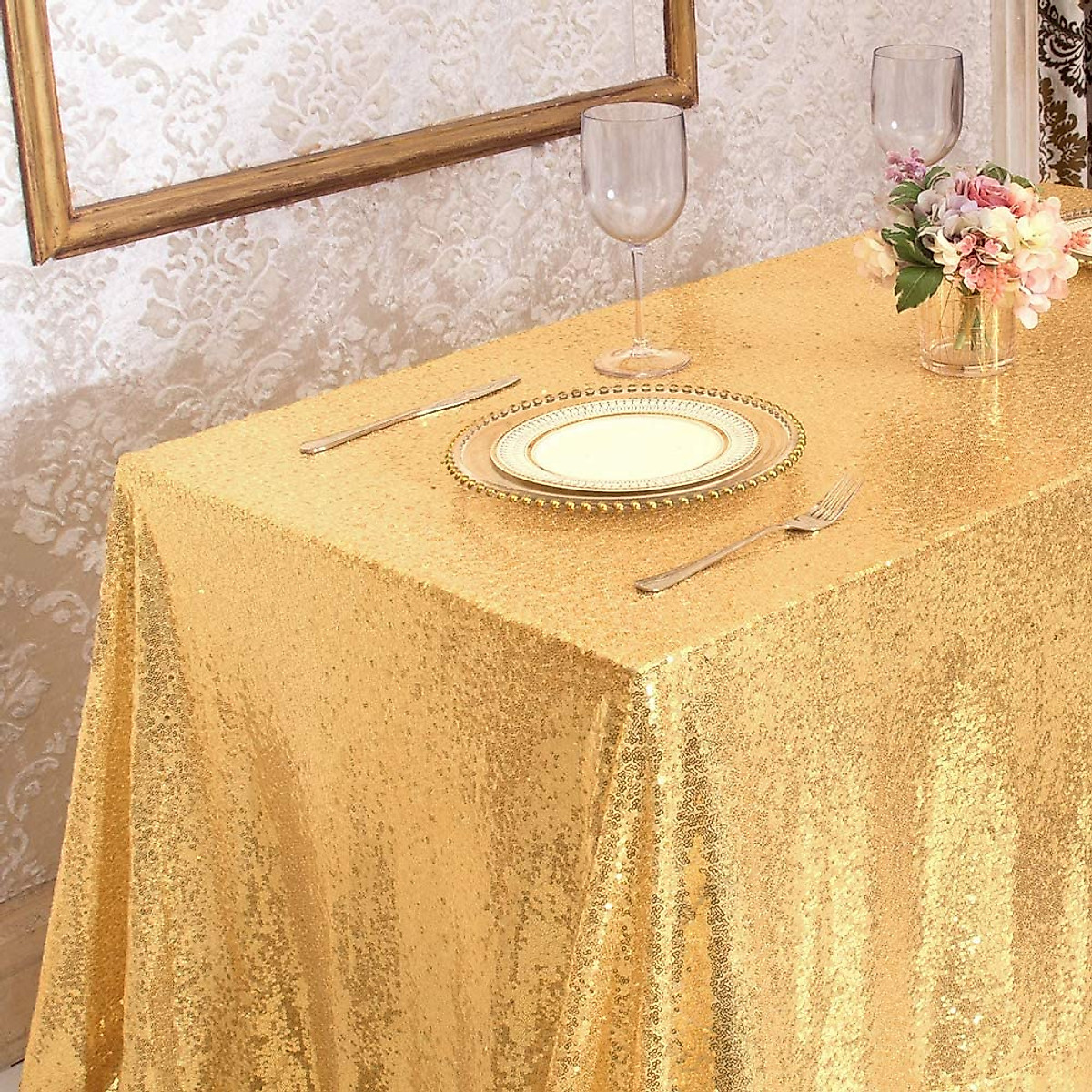 Juya Delight 50" x 80" Bright Gold Rectangle Sequin Tablecloth for Party Dinner Banquet Festival Wedding Anniversary Exhibition Dessert Table