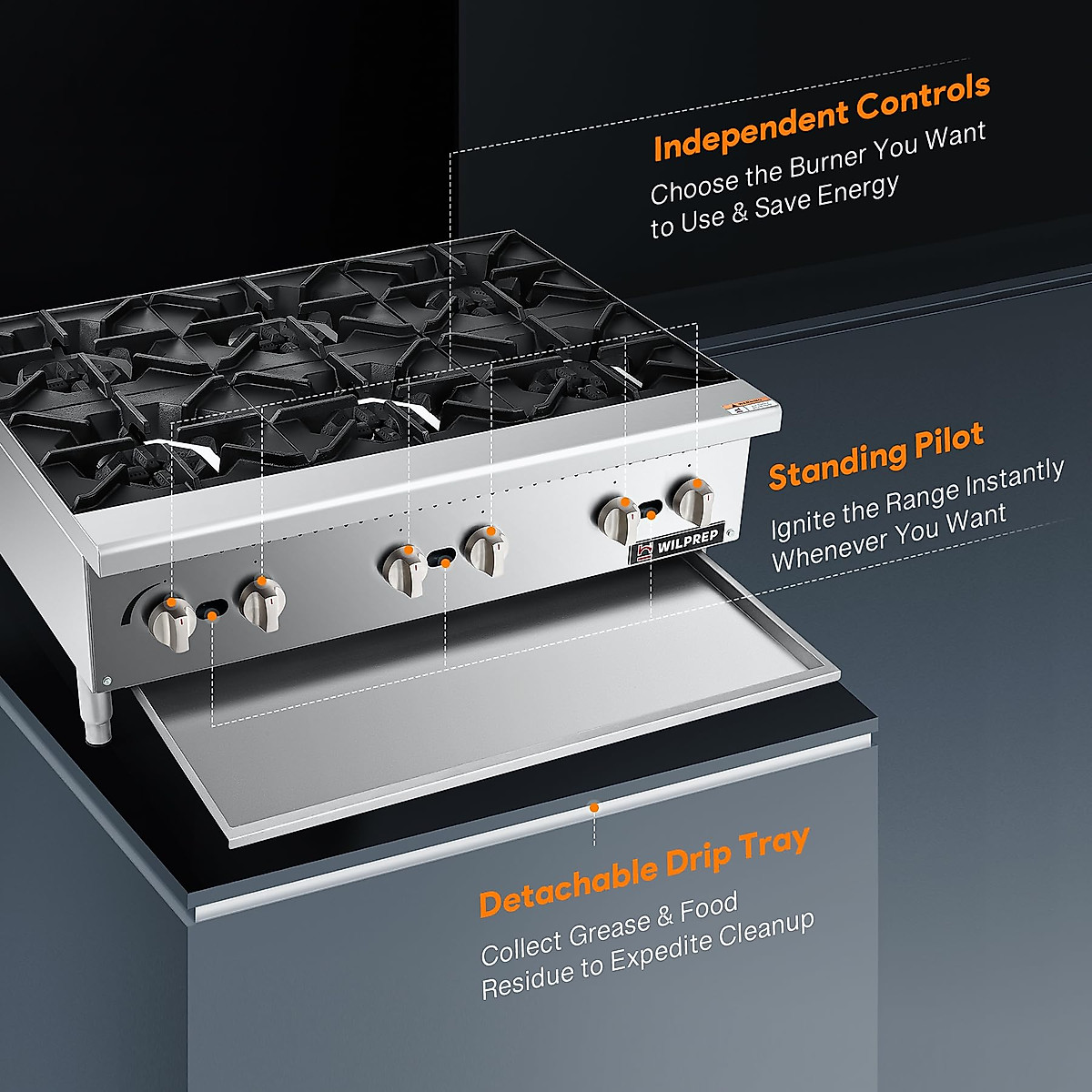 WILPREP Countertop Gas Range, 6 Burner Commercial Hot Plate with Total 150000 BTU, 36" Natural Gas Range with Propane Conversion Kit Grates, Stainless Steel Gas Stove for Restaurant Kitchen