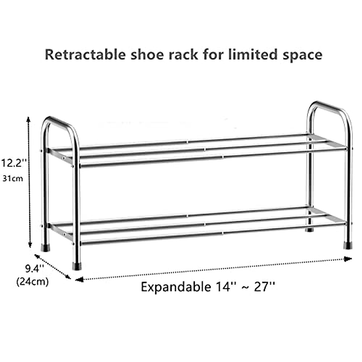 2-Tier Shoe Rack for Closet, Stackable & Expandable Shoe Rack Organizer Storage Stainless Steel Shoe Shelf for Entryway, Bedroom, Dorm Room, Outdoor