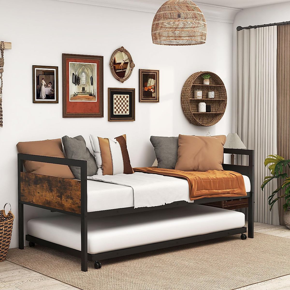 KOMFOTT Twin Size Metal Daybed with Trundle, Daybed Frame with Wooden Headboards, Metal Slat Support, Saving Space Metal Sofa Bed Frame for Living Room, Bedroom, Apartment, No Box Spring Needed