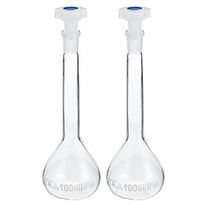 PATIKIL 100ml Volumetric Flask, 2Pcs 3.3 Borosilicate Glass Graduated Volumetric Measuring Flask with Plug Cap Tolerance 0.1ml for Lab Experiment, Clear