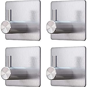 Towel Hooks Bathroom Coat Robe Hook，No Punch Heavy Duty Waterproof Hanging Cap Adhesive Hook for Bathroom, Bedroom, RV & Kitchen - 4 Pieces (Sliver)