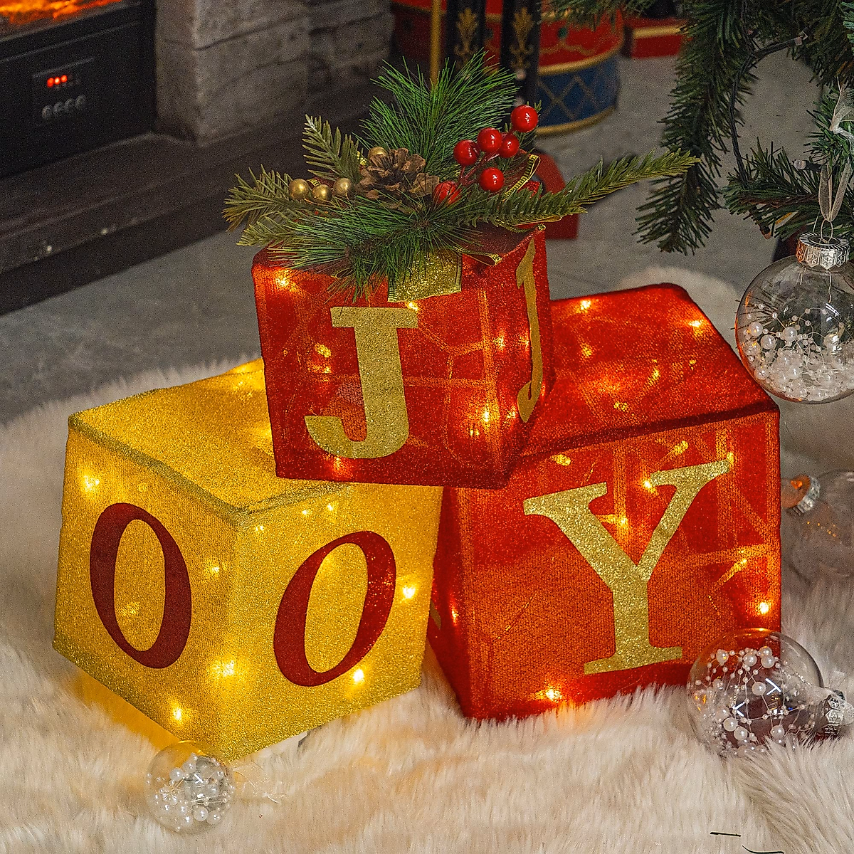 Hourleey Set of 3 Christmas Lighted Gift Boxes, Pre-lit 60 LED Light Up Joy Present Boxes Ornament Decorations for Indoor Outdoor Xmas Tree Home Yard Lawn Decor