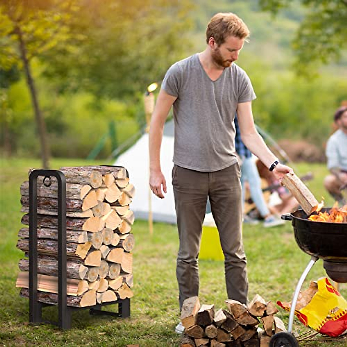 SunyesYo Firewood Rack Outdoor 4ft with Waterproof Cover - Heavy Duty Log Rack Indoor Holder, Upgraded Adjustable Fire Wood Racks, Storage Organizer Stand Tool for Fireplace, Black