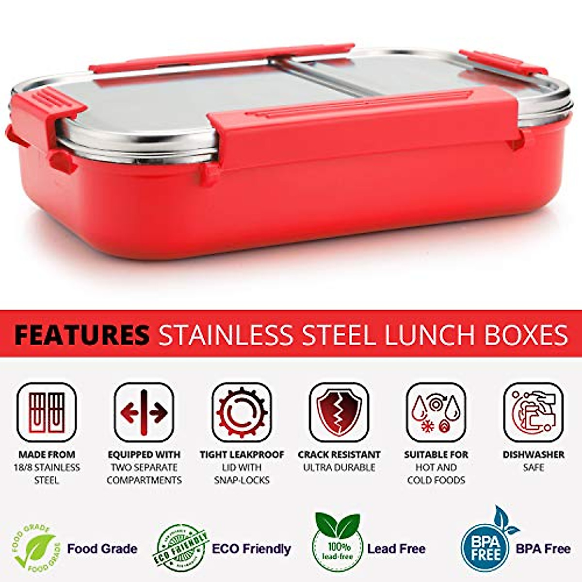 Signoraware Stainless Steel Bento Lunch Box | 20-Ounce Eco Friendly Portion Control Lunchbox Containers | 2-Compartment Metal Food Pail With Cover That Prevents Leaks & Spills (Red)