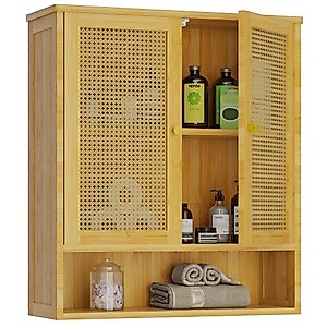 TRIFEBLE Bathroom Wall Cabinet, Bamboo Medicine Cabinet with 2 Rattan Doors and Adjustable Shelf, Over The Toilet Storage Organizer, Natural Cabinet Wall Mounted for Bathroom, Laundry Room, Hallway