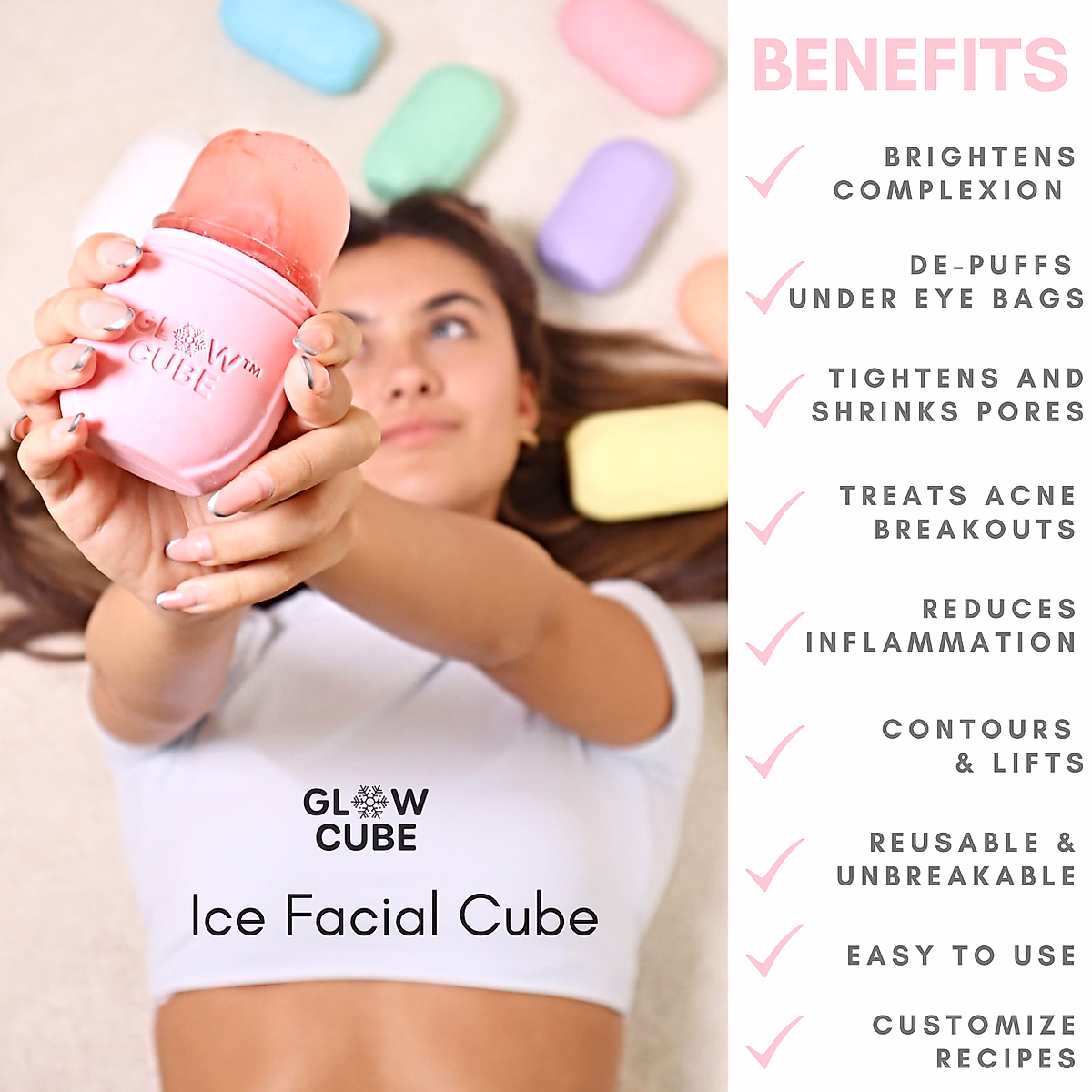 Glow Cube Ice Roller For Face Eyes and Neck To Brighten Skin & Enhance Your Natural Glow/Reusable Facial Tool to Tighten & Tone Skin & De-Puff The Eye Area (Pastel Pink)