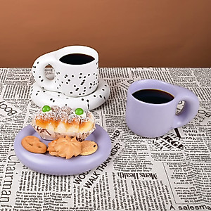 Koythin Ceramic Coffee Chubby Mug Saucer Set, Creative Cute Fat Handle Cup with Saucer for Office and Home, Dishwasher and Microwave Safe, 10 oz for Latte Tea Milk (Light Purple)