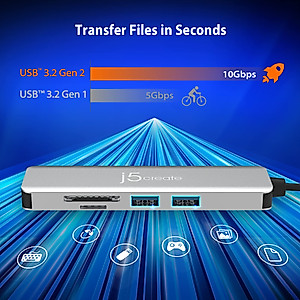 j5create USB-C 5-Port Gen2 Multi-Adapter with 4K HDMI, 2 USB-A 10Gbps, SD/microSD, for Surface Pro 8/9, MacBook Air/Pro, Dell XPS, HP laptops, and More (JCD372S)