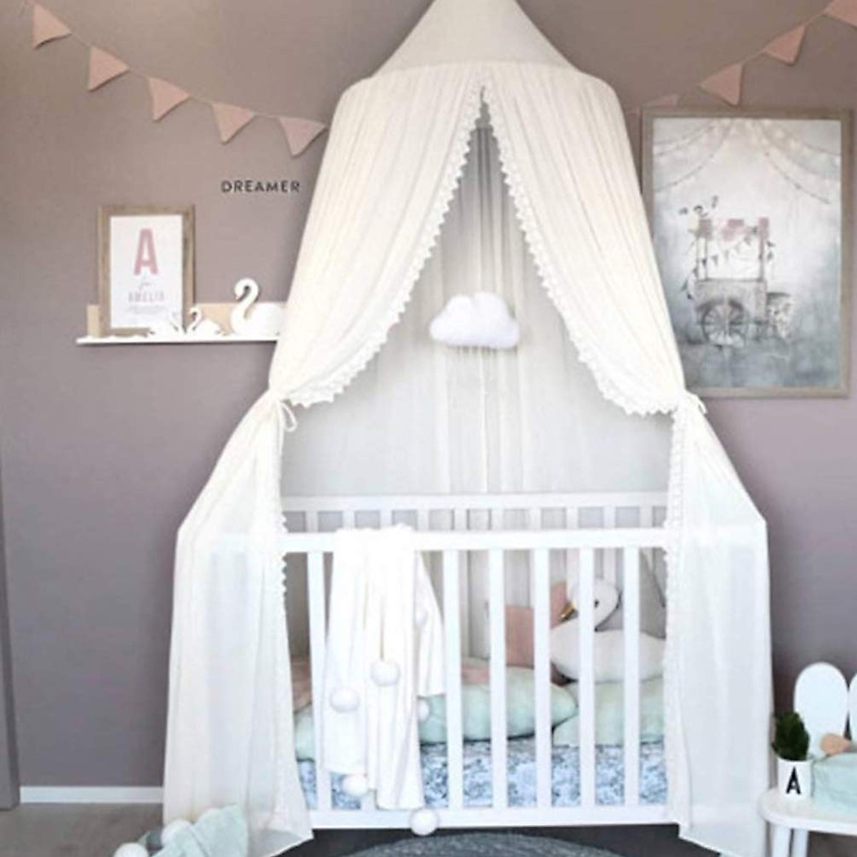LOAOL Kids Bed Canopy with Lace Sheer Chiffon Hanging Canopy Net for Baby Crib Nook Castle Game Tent Nursery Play Room Decor (White)