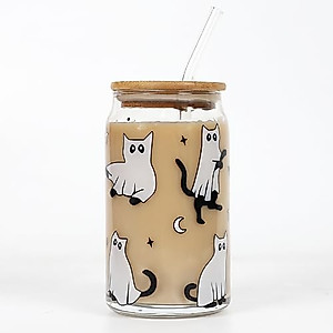 Joyseller Halloween Iced Coffee Can Glass, 16oz Halloween Cute Ghost Cat Glass Cup with Lid and Straw, Halloween Tumbler Beer Can Glass, Halloween Gifts, Halloween Decorations