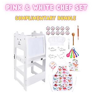 4-in-1 [Fun Ninja] Toddler Kitchen Step Stool for Children and Toddlers, Whiteboard & Art Desk, Safety Rail Tower for Kids, Parent Assistant Stepping Stool (White, Bundle)