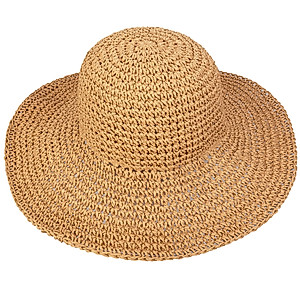 Women Crochet Floppy Straw Hat Soft Beach Sun Hat Travel Large Lady Bucket Hat Summer Foldable Medium Khaki