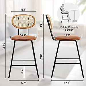 Amadi Counter Stools Rattan Back Dining Chair,Indoor Faux Leather Bar Stools Set of 4,Armless Dining Chairs with Rattan Backrest,Modern Metal Counter Height Barstools for Home Whiskey Brown,24"