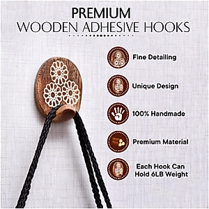 Indian Shelf 6 Pack Wood Wall Hooks- Adhesive Wall Hooks -Decorative Wall Hooks for Hanging- Boho Wall Hooks -Sticky Coat Hooks Wall Mount- Wooden Towel Hooks for Bathroom Wall Mounted- Style 1