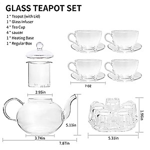 Glass Teapot Set, 40OZ/1200ml Stovetop Safe Glass Tea Kettle with Removable Infuser & Tea Warmer, Tea Cups and Saucers Set of 4, Blooming Tea & Loose Leaf Tea Maker Set for Women
