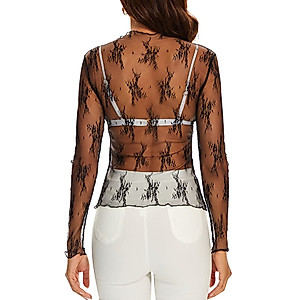 AILBBE Mesh Long Sleeve Layering Top for Women Mock Neck Floral Embroidery Sheer See Through Tee Shirt Blouse(Black, XL)