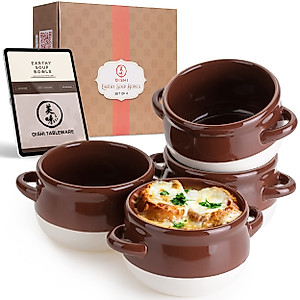 French Onion Soup Crocks Oven Safe - French Onion Soup Bowls- Set of 4 (16 Oz) Oven, Broiler, Microwave & Dishwasher Safe Glazed Ceramic Soup Bowls with Handles. Digital Recipe book included- Oishi