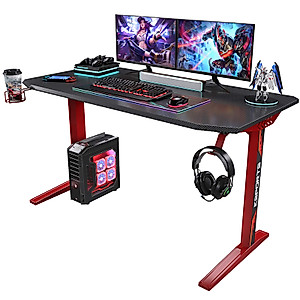 Foxemart Gaming Desk 55 inch PC Gaming Desk, Game Computer Desk Workstation, T-Shaped Professional Gaming Desk, Home Office Computer Table with Cup Holder & Headphone Hook
