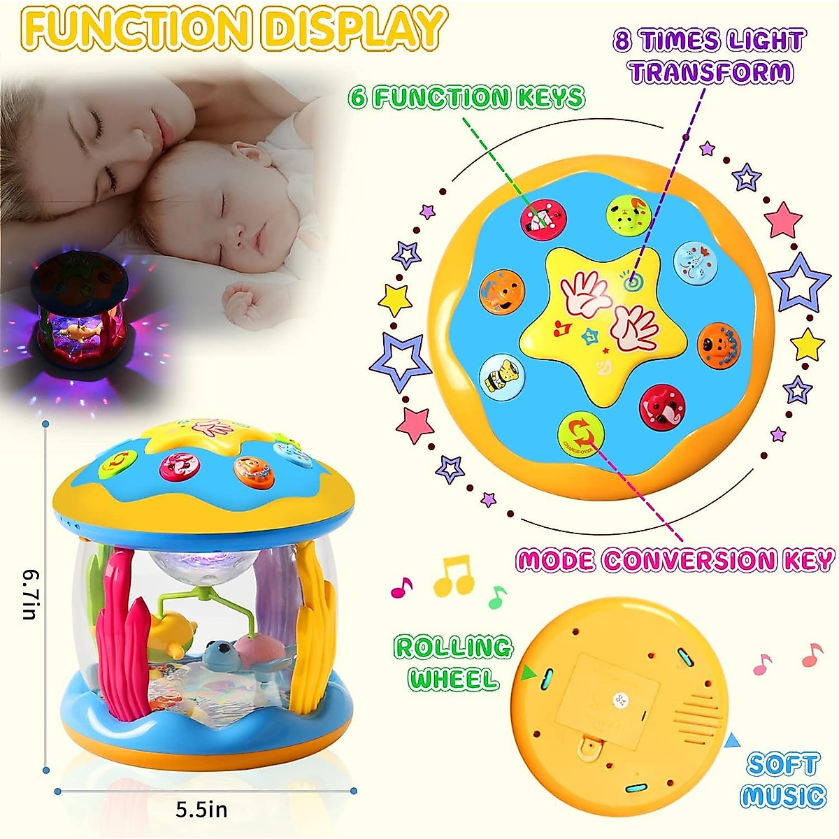 Furktem Baby Toys 12+ Months Ocean Rotating Projector - Early Education Toys with Various Pacify Music/Light for 1 2 3+ Year Old Boys Girls Birthday