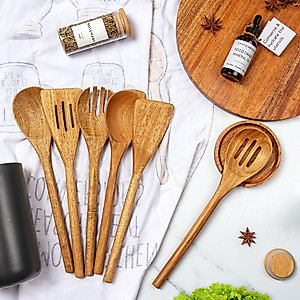 Lanzo Design Kitchen Utensil Set, 8 pcs Wooden Cooking Utensils Spatula Set with Ceramic Holder (Black Holder)