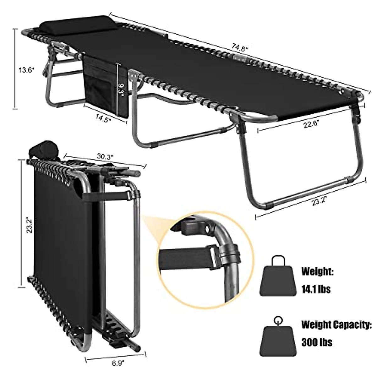 Heavy Duty Folding Chaise Lounge Chairs for Outside Beach Patio Pool Lawn Sunbathing Sun Tanning Lightweight Adjustable 5-Position Lay Flat Portable Trifold Outdoor Lounge Chair for Camping Deck