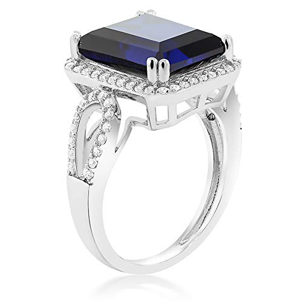 Gem Stone King 5.00 Cttw Blue Simulated Sapphire Ring For Women In 925 Sterling Silver | 12X10MM Emerald Cut | Available In Size 5, 6, 7, 8, 9