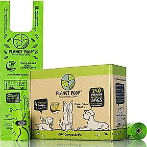 PLANET POOP Home Compostable Dog Poop Bags Extra-long with Handles 240 Un-Scented Pet Waste Bags Plastic Free, Thick Leakproof Plant-Based Doggy Bag, Cats & Dogs Pet Supplies