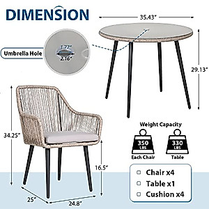 JOIVI 5 Piece Outdoor Dining Set, Wicker Patio Furniture Dining Table and Chairs Set with Cushions for 4 People, Tempered Glass Tabletop with 2.16” Umbrella Hole, for Lawn, Backyard, Garden