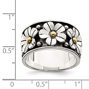 Solid 925 Sterling Silver Vintage Antiqued 14k Yellow Gold Centers Daisy Ring Band Size 8