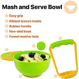 Baby Food Feeder Fruit Feeder Pacifier (2 Pack) with 3 Different Sized Silicone Pacifiers, Mash and Serve Bowl with 4 Baby Spoons Silicone Soft-Tip Infant Spoon, Baby First Stage Feeding Set by MICHEF