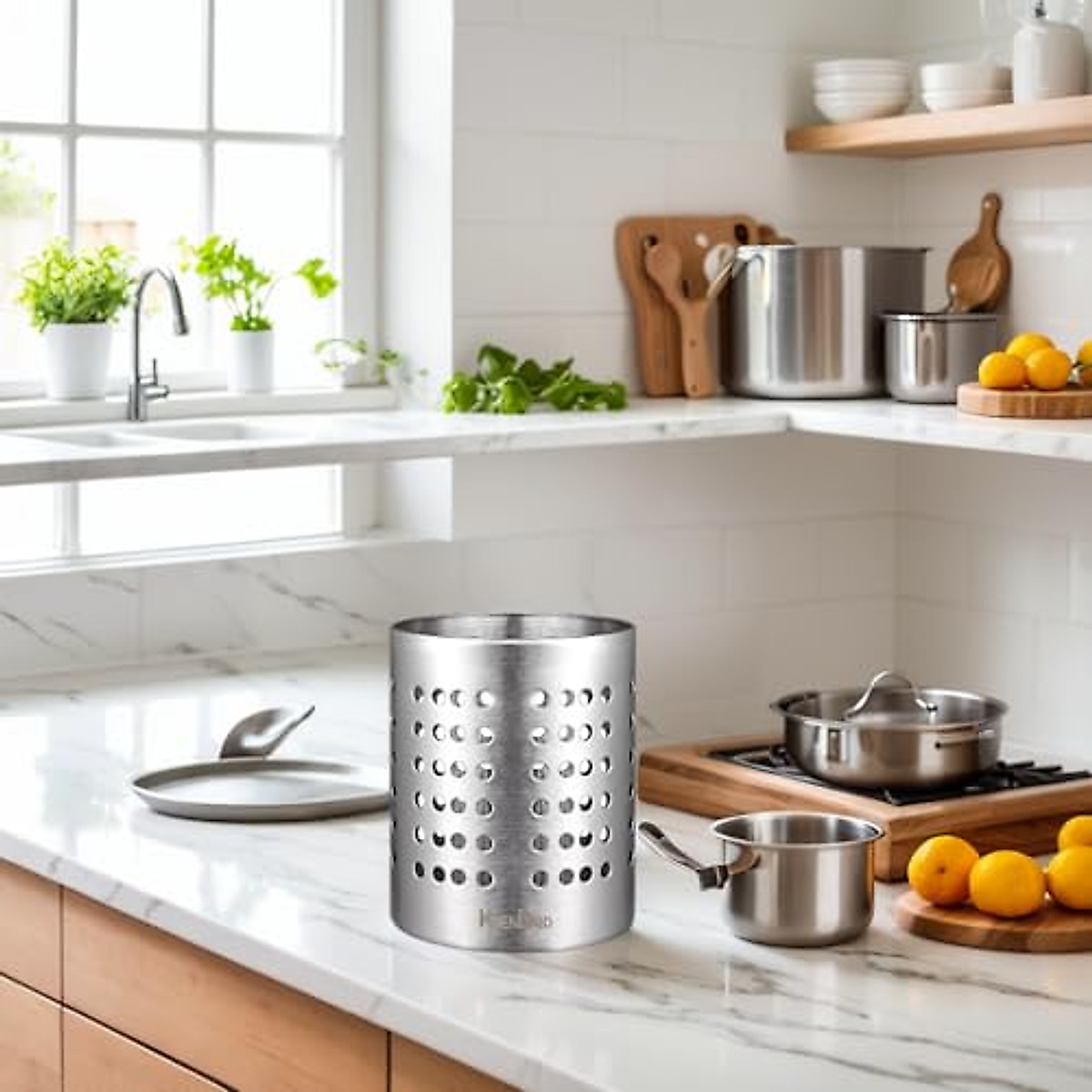 KSENDALO Round SUS304 Stainless Steel Utensil Holder Set of 2 - Silver Caddy & Organizer for Drying Cooking Spoons, Spatulas, and Silverware - Essential Kitchen Container for Countertop