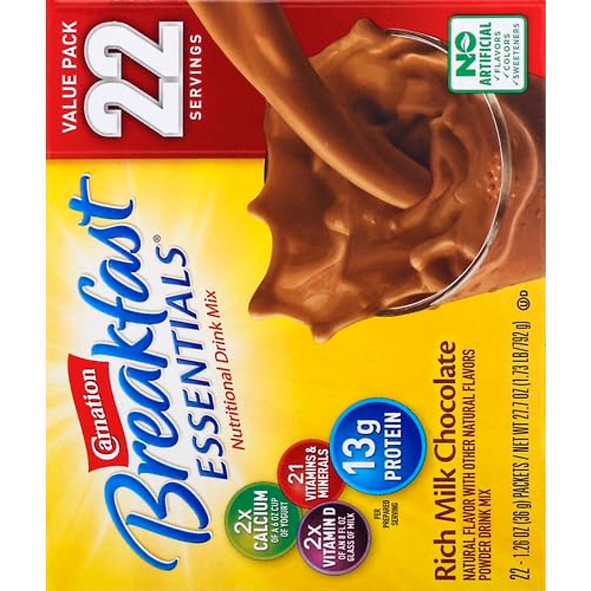 Carnation Breakfast Essentials Powder Drink Mix, Rich Milk Chocolate, 1.26 Ounce (Pack of 22), (Packaging May Vary)