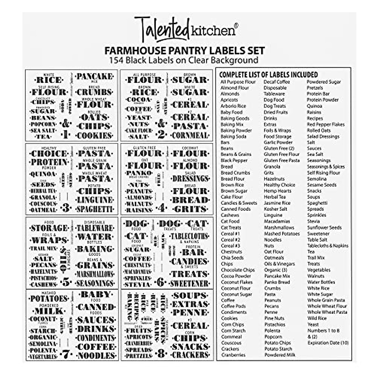154 Farmhouse Food Storage Labels for Pantry Containers, Preprinted Black on Clear All Caps Household Stickers + Expiration Dates + Numbers for Kitchen Organization Jars (Water Resistant)